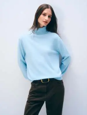 WHITE & WARREN Cashmere Rib Trim Easy Turtleneck Sweater In Size - Blue