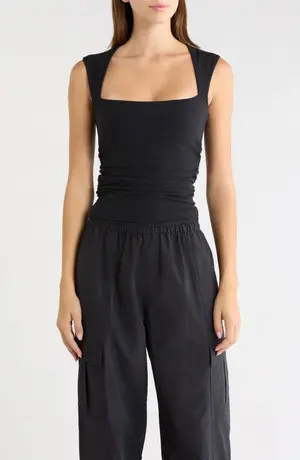 MPG Cloud Square Neck Ruched Performance Tank - Black