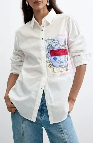 Desigual Embroidered Patch Cotton Button Down Shirt - White