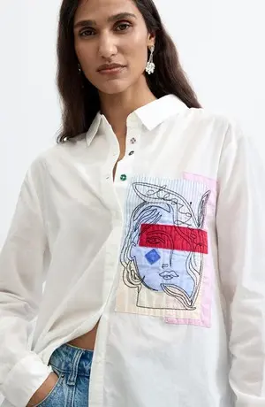 Desigual Embroidered Patch Cotton Button Down Shirt