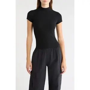 MPG Mock Neck Short Sleeve Ribbed Top - Black