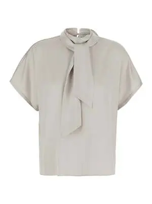 Brunello Cucinelli Beige Blouse With Bow Collar And Monile Decoration In Silk For - Multicolor