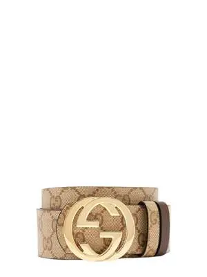 Gucci Reversible Belt With Gg Woven Buckle In Gg Canvas And Leather - Beige