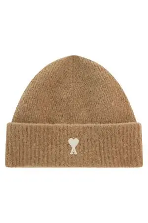 AMI Paris Blended Alpaca Knit Mini Logo Beanie - Sand