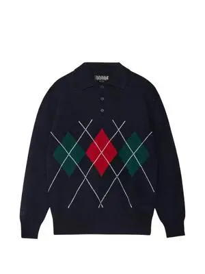 BARACUTA Argyle-intarsia Polo-collar Sweater - Blue