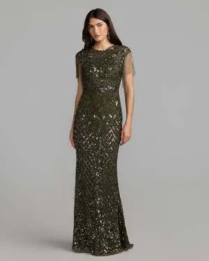 Mac Duggal Olive High Neck Beaded Fringe Fitted Gown