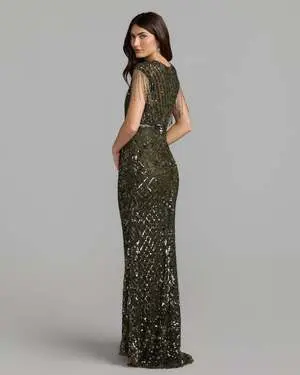 Mac Duggal Olive High Neck Beaded Fringe Fitted Gown