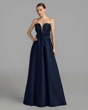 Mac Duggal Strapless Satin Floral Embellished Ball Gown