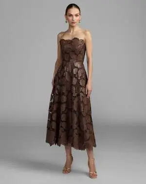 Mac Duggal Strapless Floral Leather A-line Midi Dress - Chocolate