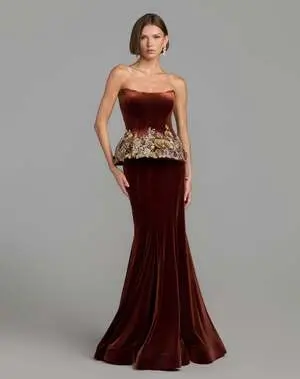 MAC DUGGAL COLLECTION Brown Strapless Embellished Velvet Peplum Gown