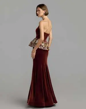 MAC DUGGAL COLLECTION Brown Strapless Embellished Velvet Peplum Gown