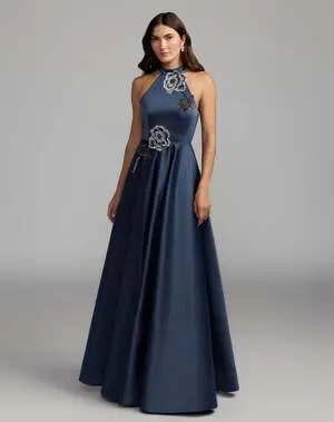 Mac Duggal Floral Sequin Appliqu Halter Ball Gown - Midnight