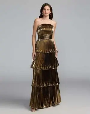 Mac Duggal Petite Antique Strapless Pleated Metallic Ruffle Gown - Gold
