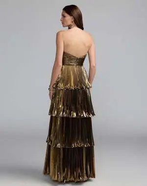 Mac Duggal Petite Antique Strapless Pleated Metallic Ruffle Gown
