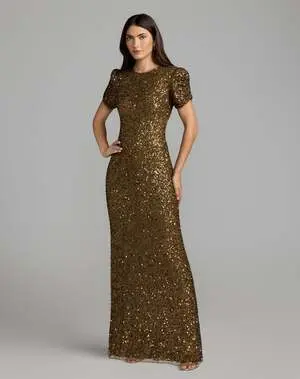 Mac Duggal Gathered Short Sleeve Embellished Gown - Brown