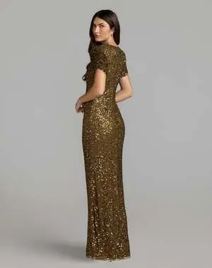 Mac Duggal Gathered Short Sleeve Embellished Gown - Brown