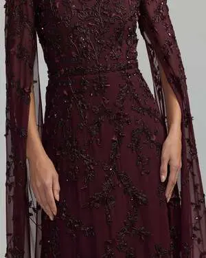 Mac Duggal Aubergine Floral Embellished Cape Sleeve Gown