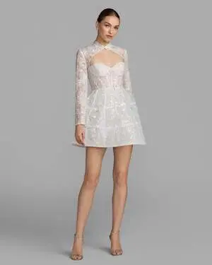 Mac Duggal White Long Sleeve Lace A-line Mini Dress