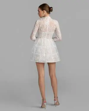 Mac Duggal White Long Sleeve Lace A-line Mini Dress