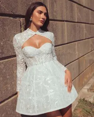Mac Duggal White Long Sleeve Lace A-line Mini Dress