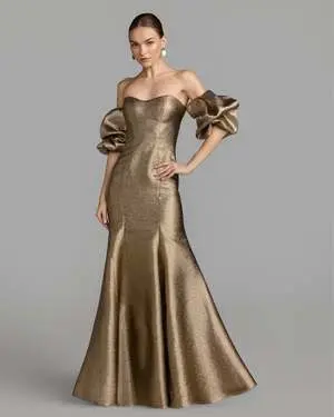 Mac Duggal Brocade Off The Shoulder Puff Sleeve Gown - Gold