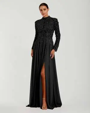 Mac Duggal Embellished Long Sleeve Gown With Slit