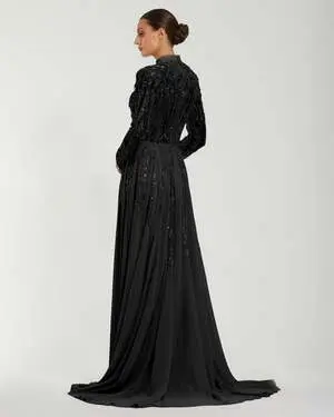 Mac Duggal Embellished Long Sleeve Gown With Slit