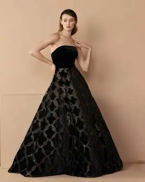 MAC DUGGAL COLLECTION Strapless Velvet Bodice Embellished Ball Gown