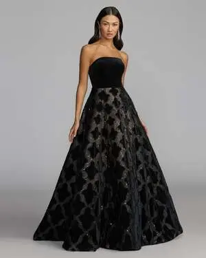 MAC DUGGAL COLLECTION Strapless Velvet Bodice Embellished Ball Gown
