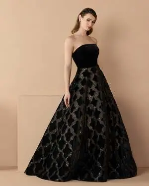 MAC DUGGAL COLLECTION Strapless Velvet Bodice Embellished Ball Gown