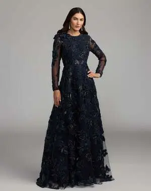 Mac Duggal Navy Floral Embellished Long Sleeve Gown