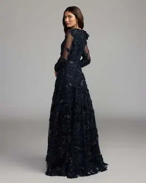 Mac Duggal Navy Floral Embellished Long Sleeve Gown