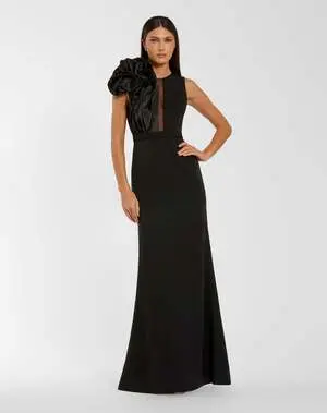 Mac Duggal High Neck Sleeveless Crepe Gown With Satin Ruffle - Black