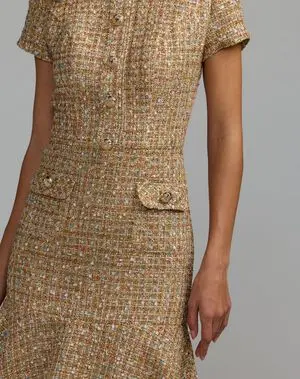 Mac Duggal Beige High Neck Short Sleeve Boucle Midi Dress