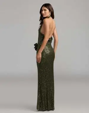 Mac Duggal Green Halter Neck Sequin 3d Flower Column Gown