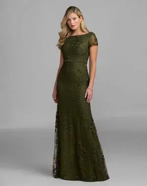 Mac Duggal Floral Applique Boat Neck Cap Sleeve Gown - Green
