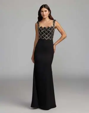 Mac Duggal Black Embellished Square Neck Column Gown