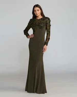 Mac Duggal Long Sleeve Floral Embellished Column Gown