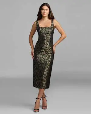 Mac Duggal Black Floral Brocade Midi Dress