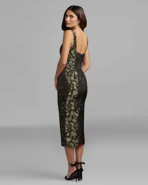 Mac Duggal Black Floral Brocade Midi Dress