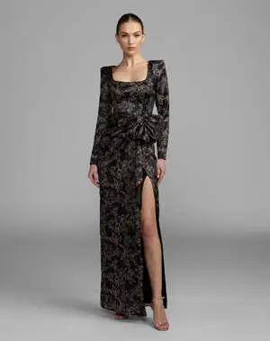 Mac Duggal Black Floral Printed Long Sleeve Gown With Bow