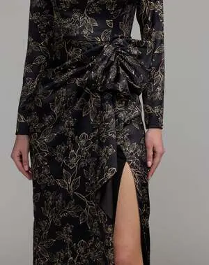 Mac Duggal Black Floral Printed Long Sleeve Gown With Bow