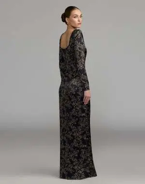 Mac Duggal Black Floral Printed Long Sleeve Gown With Bow