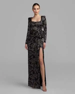 Mac Duggal Floral Printed Long Sleeve Gown With Bow