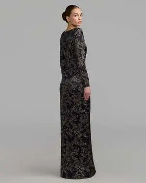 Mac Duggal Floral Printed Long Sleeve Gown With Bow