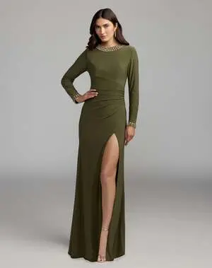 Mac Duggal Green Embellished Long Sleeve Gown With Slit