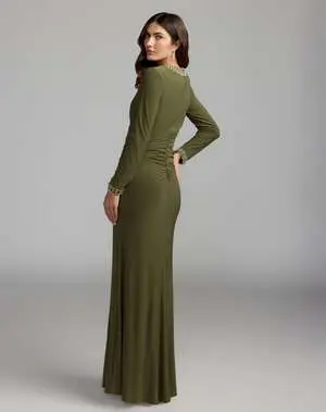 Mac Duggal Green Embellished Long Sleeve Gown With Slit