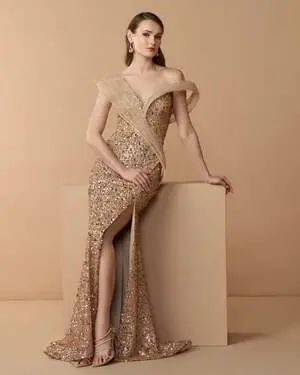 MAC DUGGAL COLLECTION Embellished Strapless Gown With Sculptural Drape - Gold