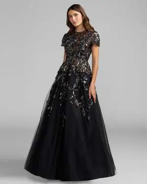 Mac Duggal Black Floral Embellished High Neck Tulle Ball Gown