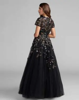 Mac Duggal Black Floral Embellished High Neck Tulle Ball Gown